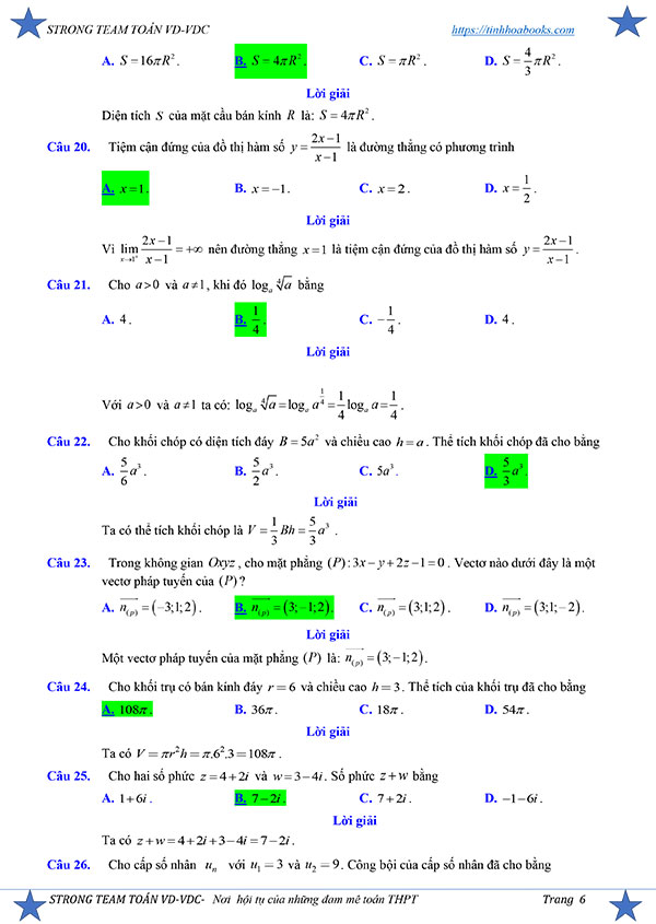 Bài giải gợi ý tất cả 24 mã đề môn Toán thi tốt nghiệp THPT
