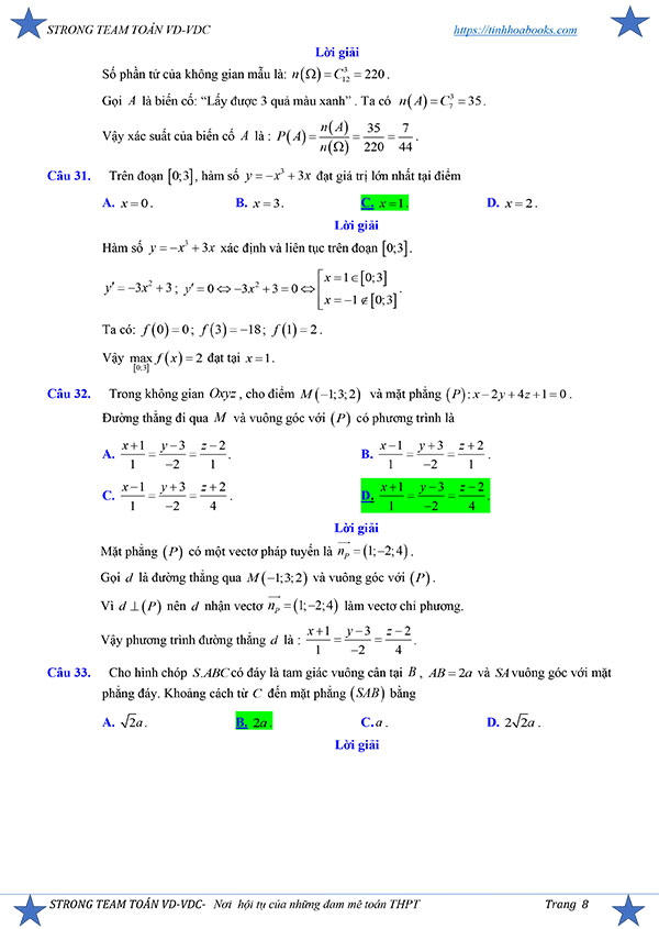 Bài giải gợi ý tất cả 24 mã đề môn Toán thi tốt nghiệp THPT