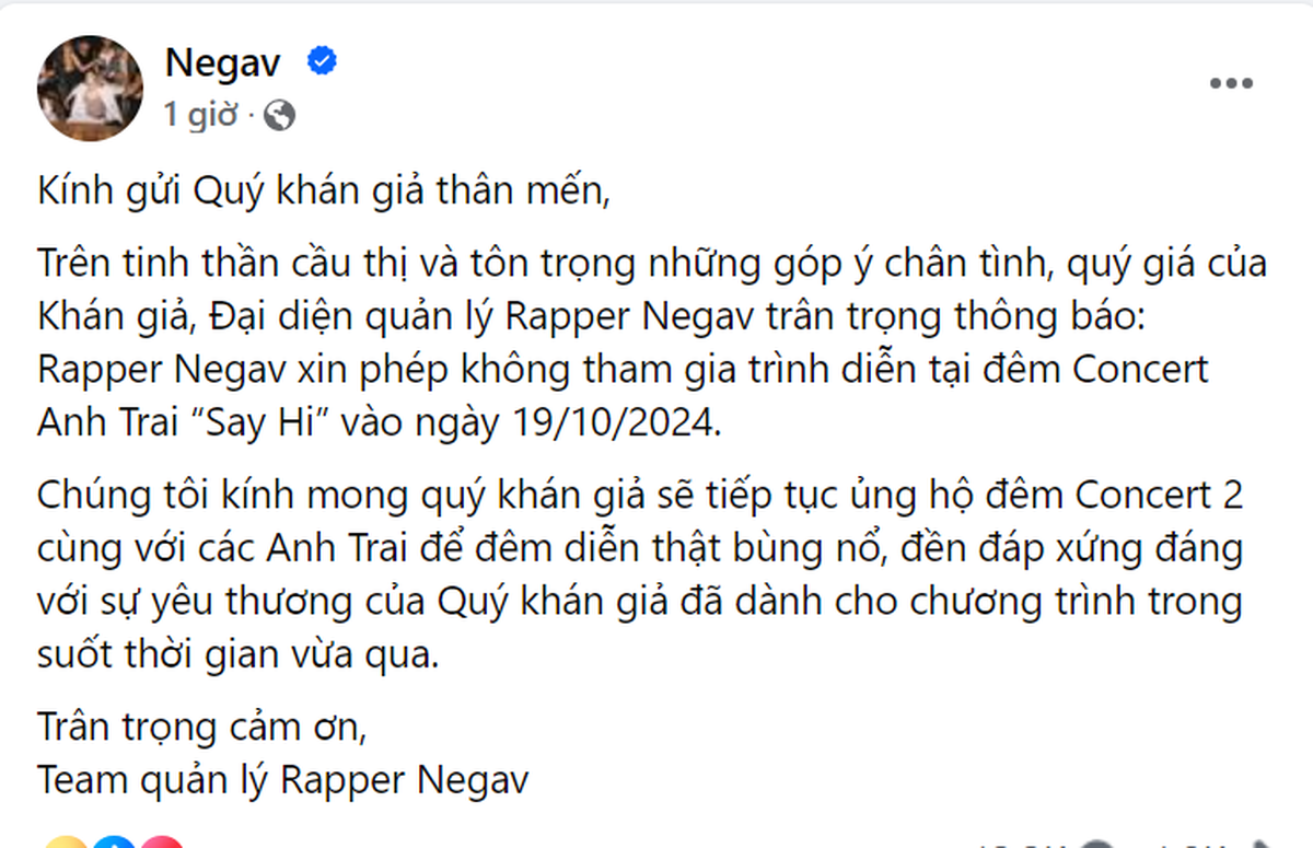 Negav chính thức không tham gia concert thứ 2 của Anh trai say hi, khán ...