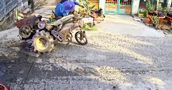 Chàng trai lái máy cày lộn santo khi bị con lươn ngáng đường